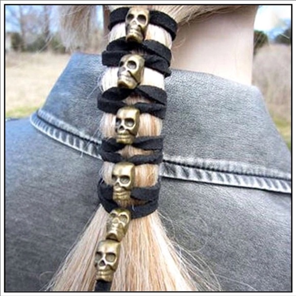 Accessories | 41422 Hair Accessory Black Leather Rope Brass Skulls Hair ...